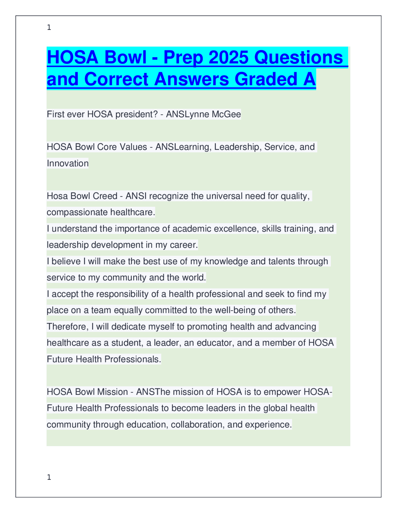 HOSA Bowl Prep 2025: Questions and Answers for Success | Exams History ...