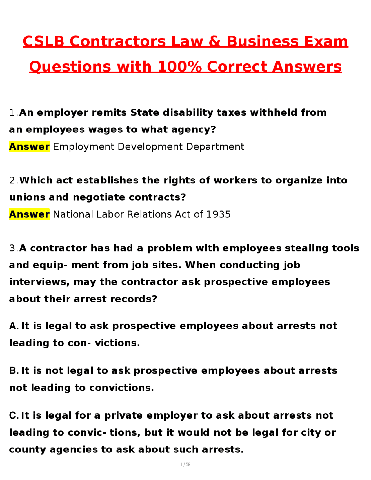 CSLB CONTRACTOR'S LAW & BUSINESS EXAM Latest 2025 Actual Questions and ...