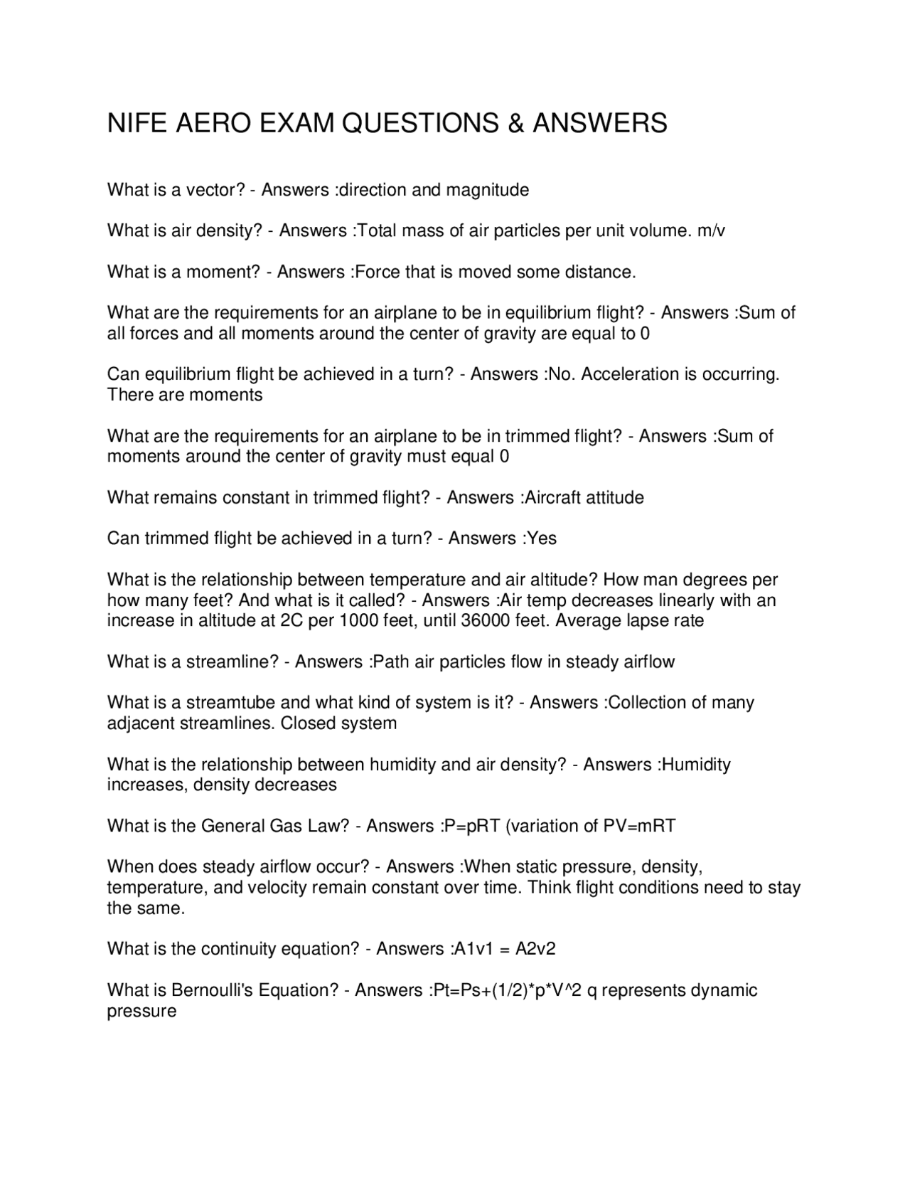 NIFE AERO EXAM QUESTIONS & ANSWERS | Exams Social Sciences | Docsity