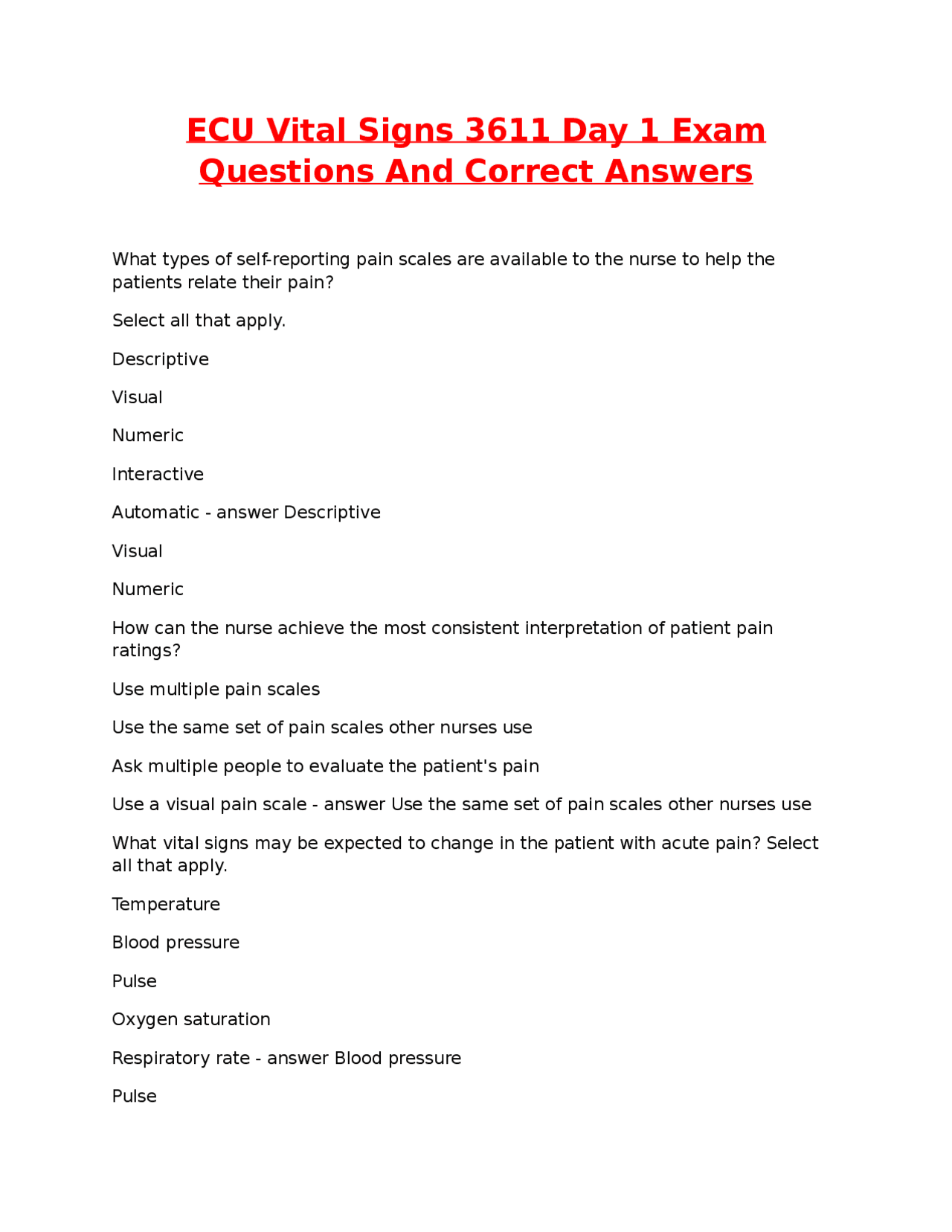 ECU Vital Signs 3611 Day 1 Exam Questions And Correct Answers. | Exams ...