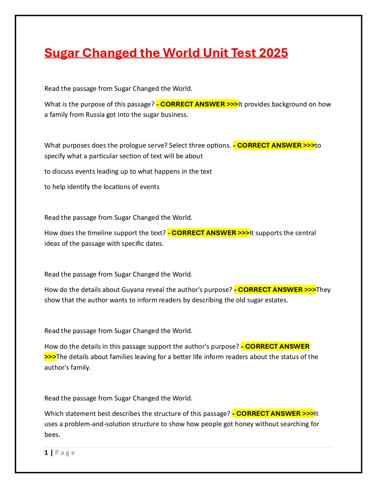 Sugar Changed the World: Unit Test Q&A | Exams Nursing | Docsity