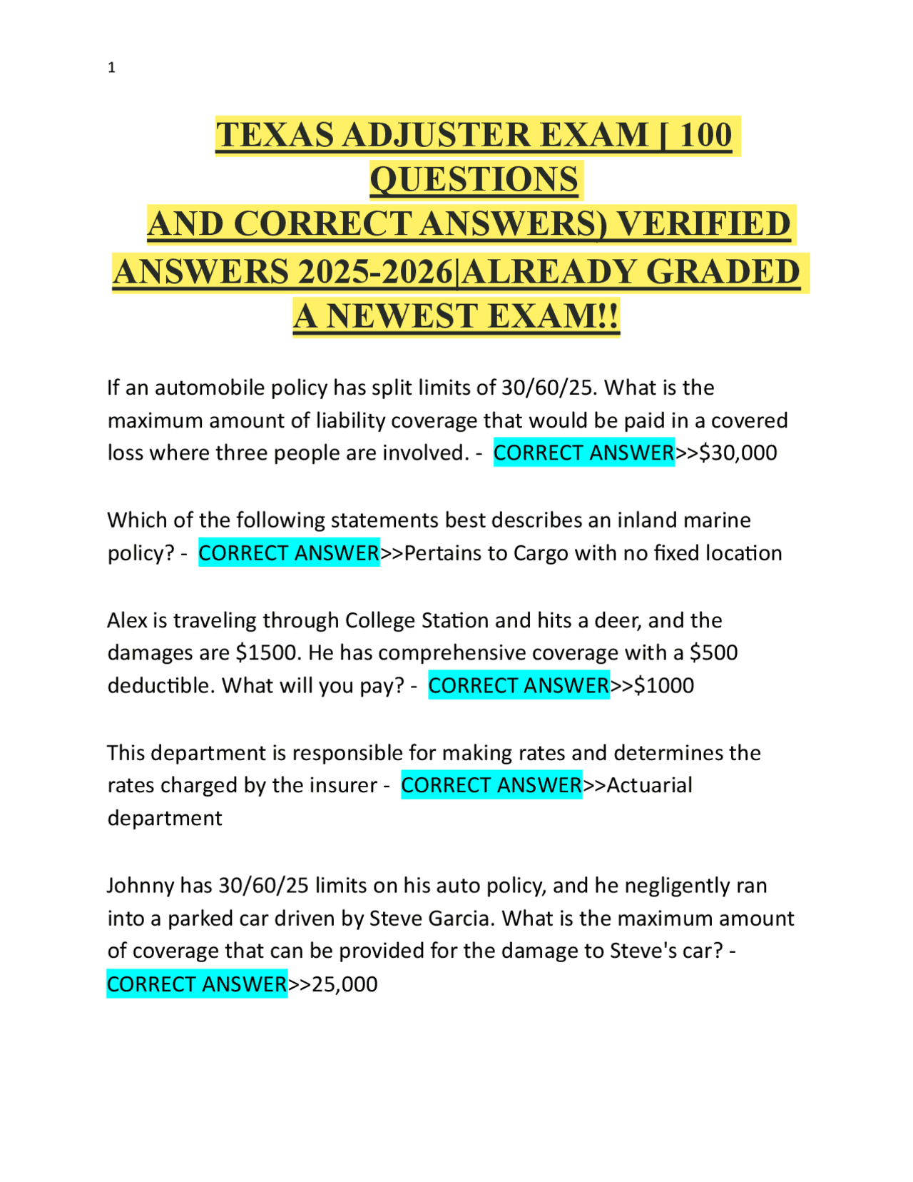 TEXAS ADJUSTER EXAM [ 100 QUESTIONS AND CORRECT ANSWERS) VERIFIED ...