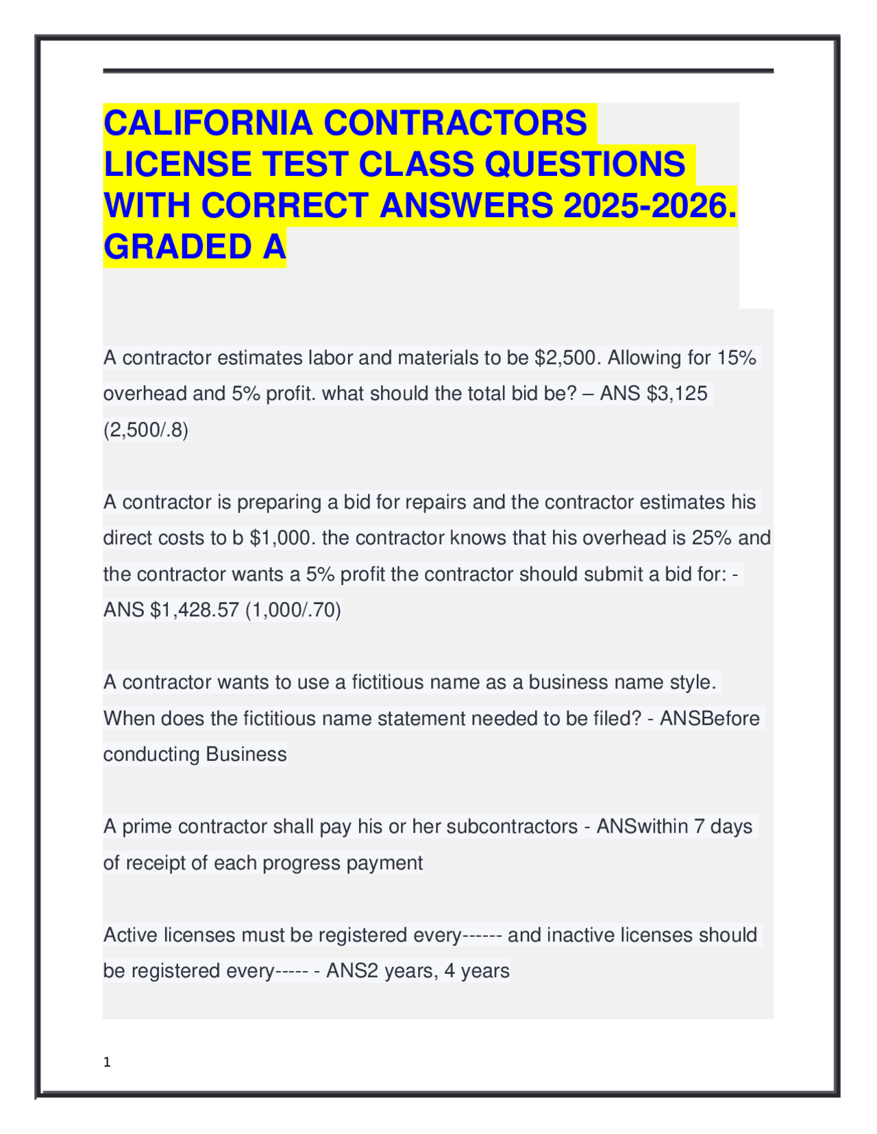 California Contractors License Test: Q&A Study Guide 2025-2026 | Exams ...