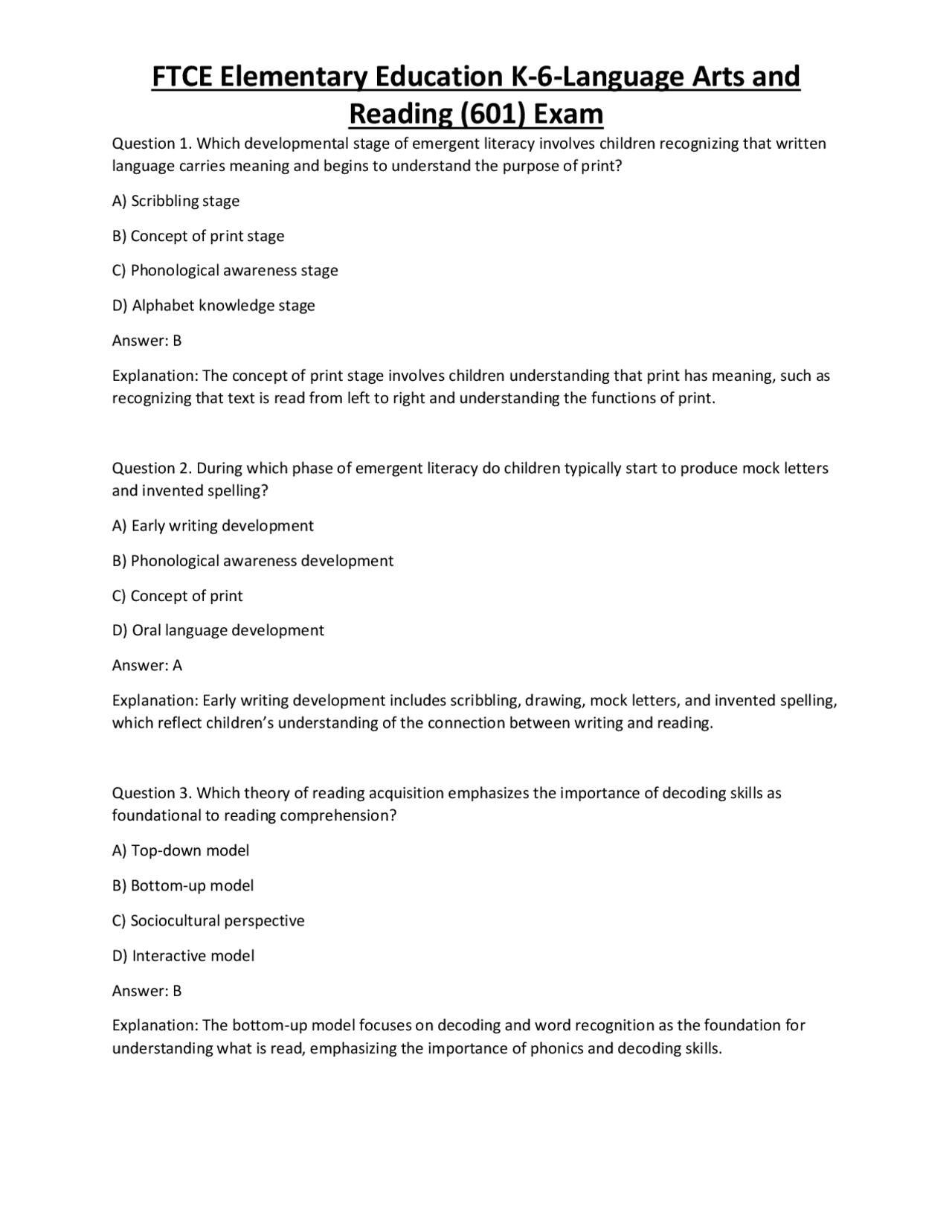 FTCE Elementary Education K-6-Language Arts and Reading (601) Exam ...