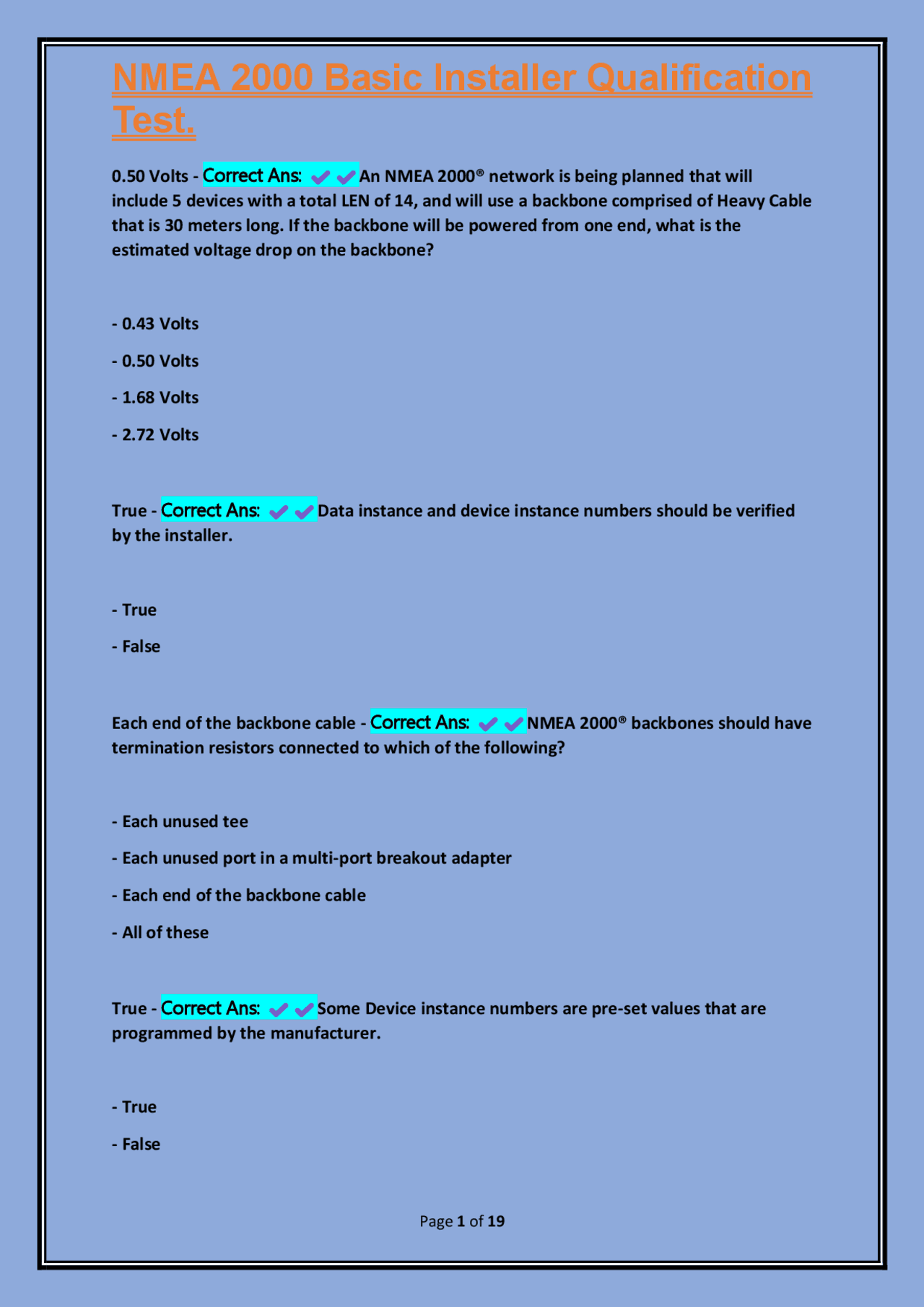 NMEA 2000 Basic Installer Qualification Test. | Exams Engineering | Docsity