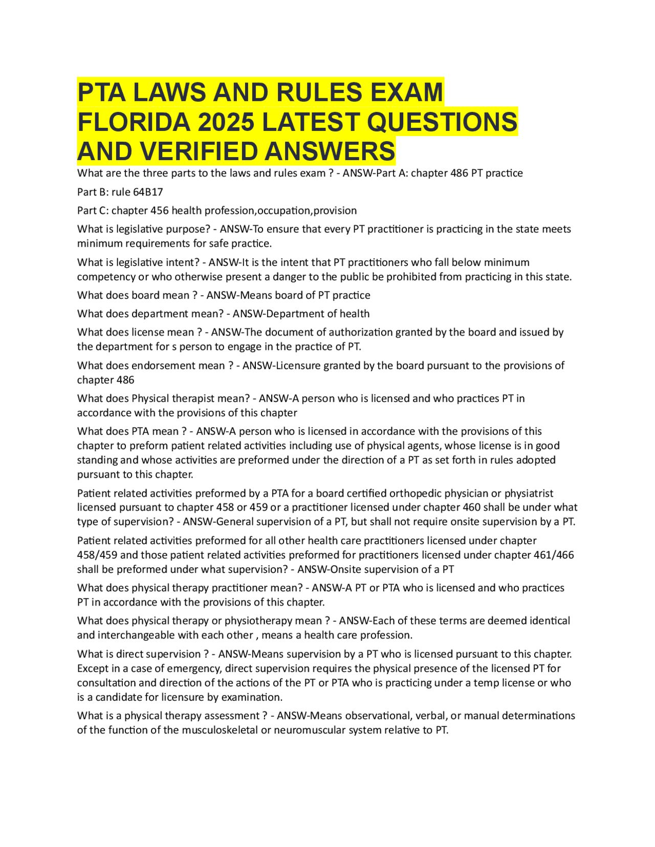PTA Laws and Rules Exam: Florida 2025 Q&A | Exams Advanced Education ...