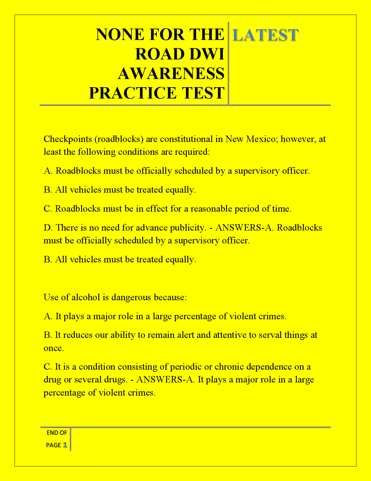 NONE FOR THE ROAD DWI AWARENESS PRACTICE TESTQUESTIONS AND ANSWERS 2025 ...