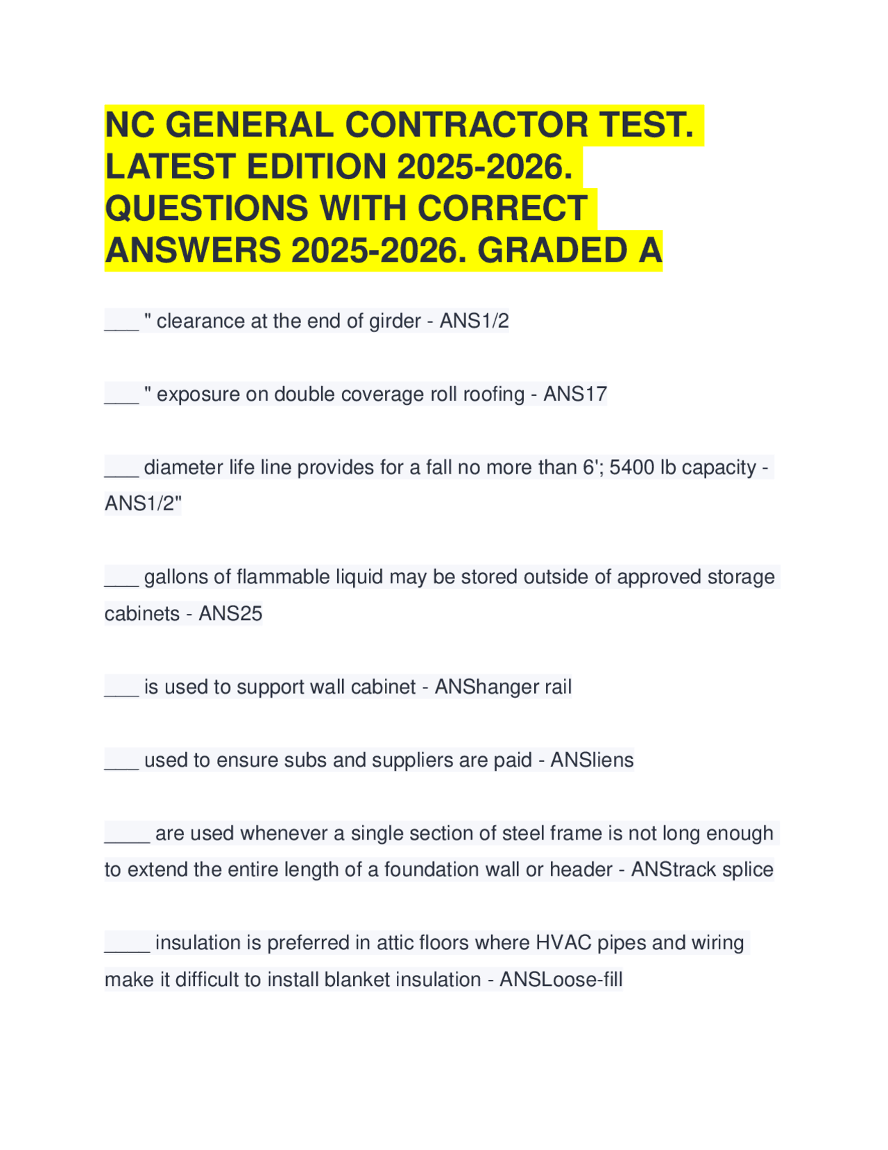 NC GENERAL CONTRACTOR TEST. LATEST EDITION 2025-2026.QUESTIONS ...