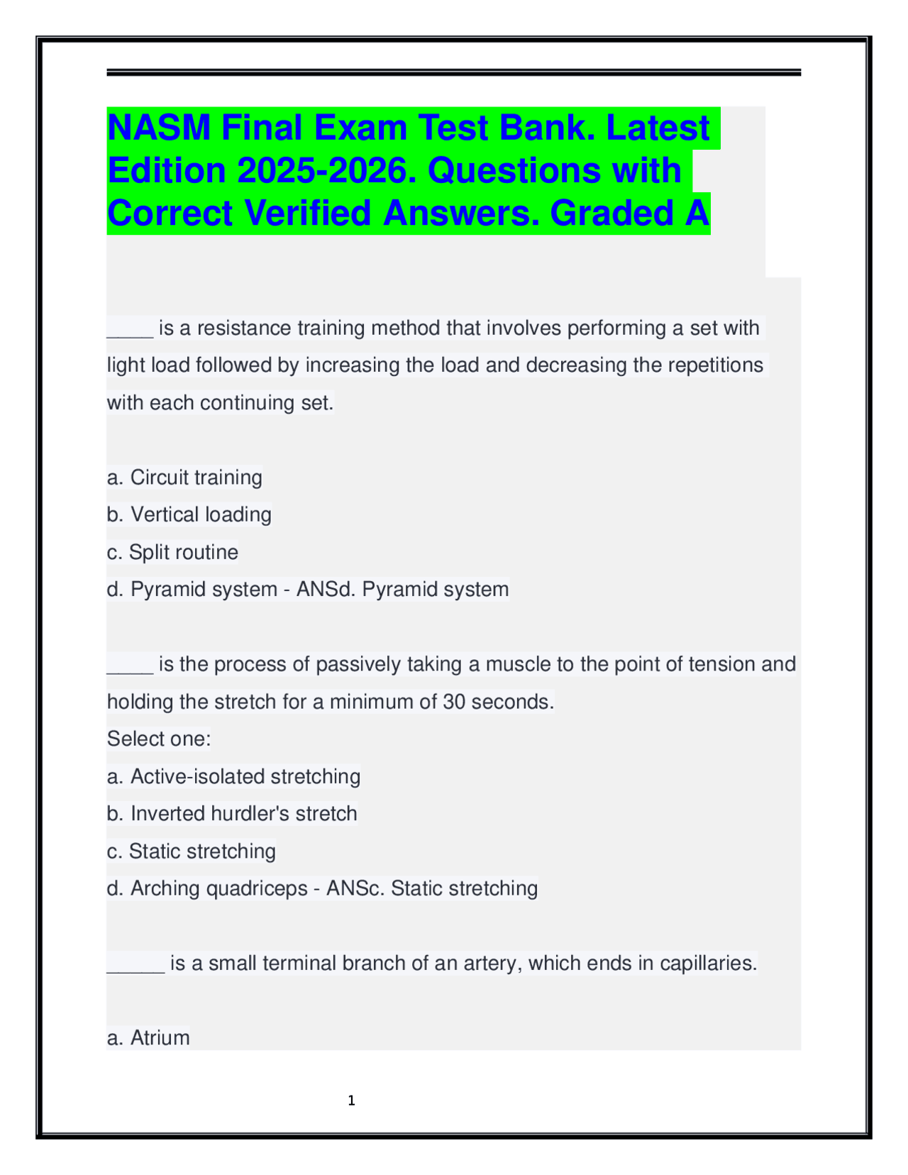 NASM Final Exam Test Bank. Latest Edition 2025-2026. Questions ...