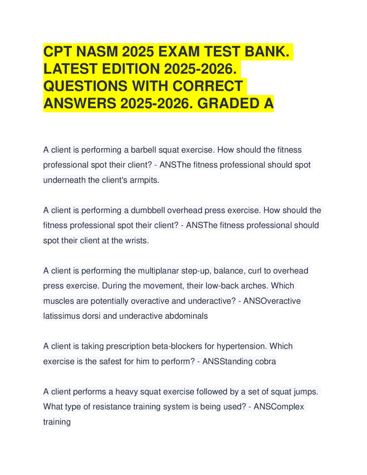 CPT NASM 2025 EXAM TEST BANK. LATEST EDITION 2025-2026. QUESTIONS ...