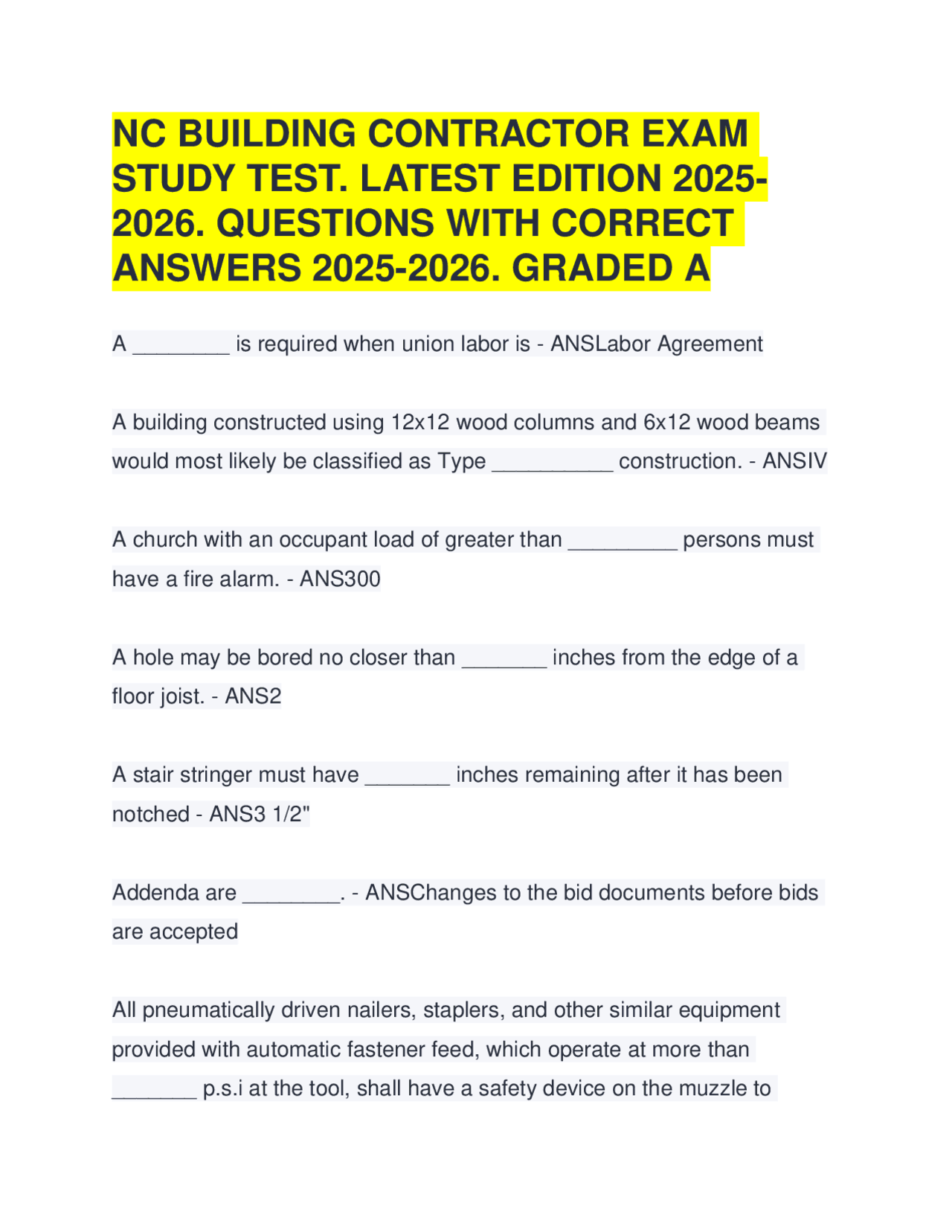 NC BUILDING CONTRACTOR EXAM STUDY TEST. LATEST 2025-2026. QUESTIONS ...