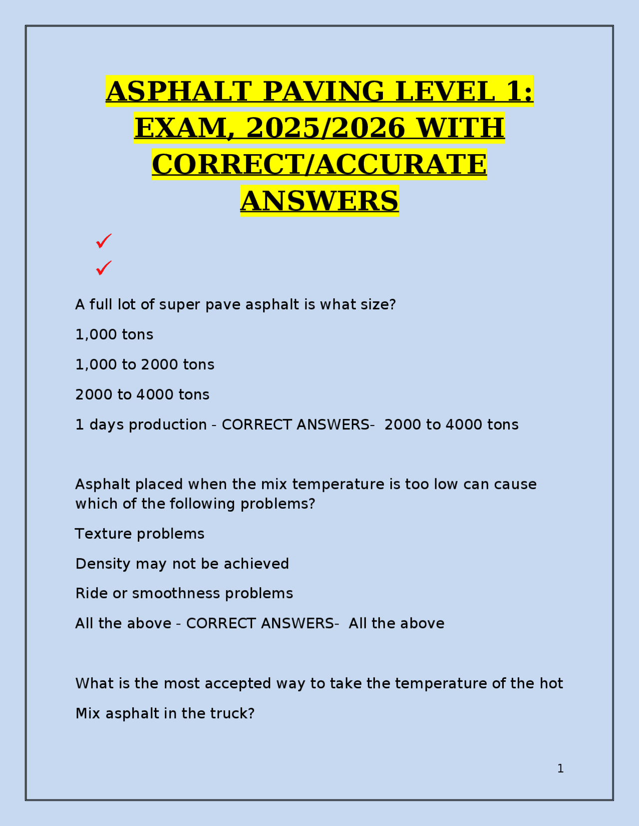 ASPHALT PAVING LEVEL 1: EXAM, 2025/2026 WITH CORRECT/ACCURATE ANSWERS ...