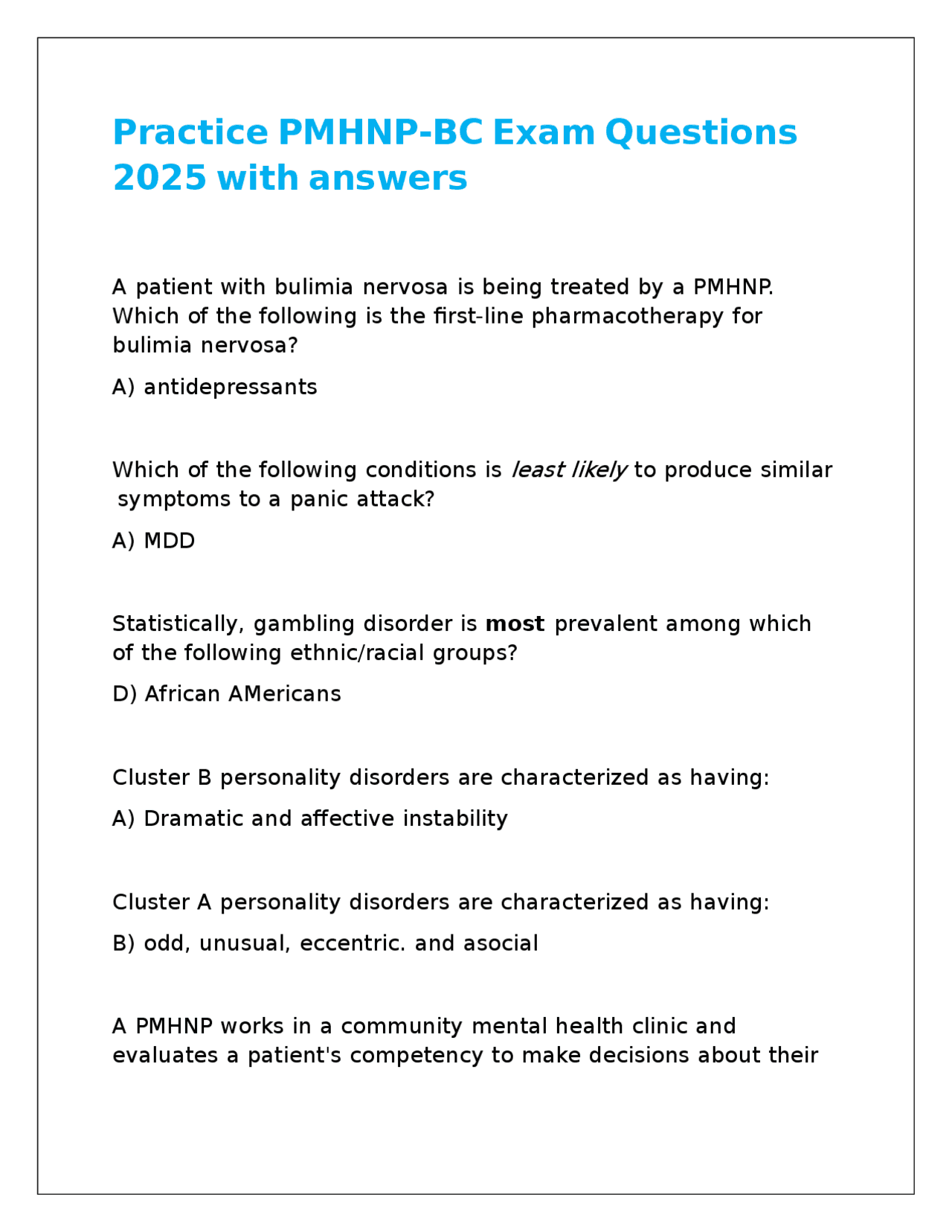 Practice PMHNP-BC Exam Questions 2025 with answers | Exams Nursing ...