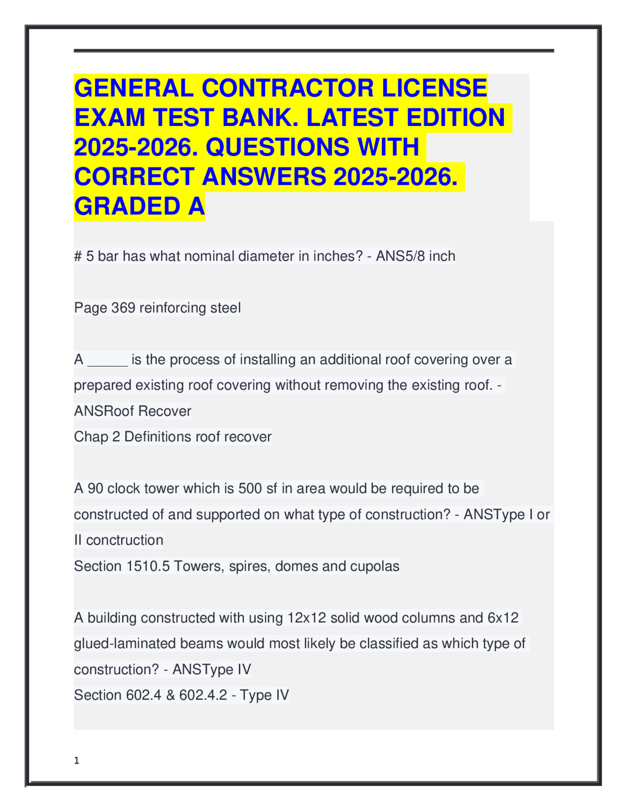GENERAL CONTRACTOR LICENSE EXAM TEST BANK. LATEST 2025-2026. QUESTIONS ...