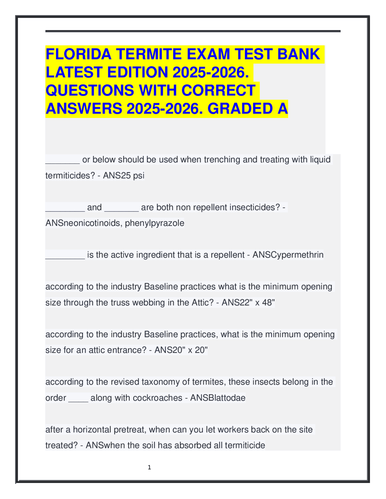 FLORIDA TERMITE EXAM TEST BANK LATEST EDITION 2025-2026. QUESTIONS ...