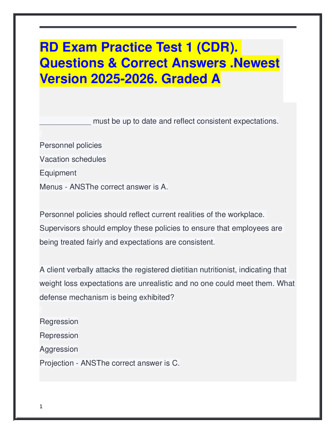RD Exam Practice Test 1 (CDR). Questions & Correct Answers. Newest ...
