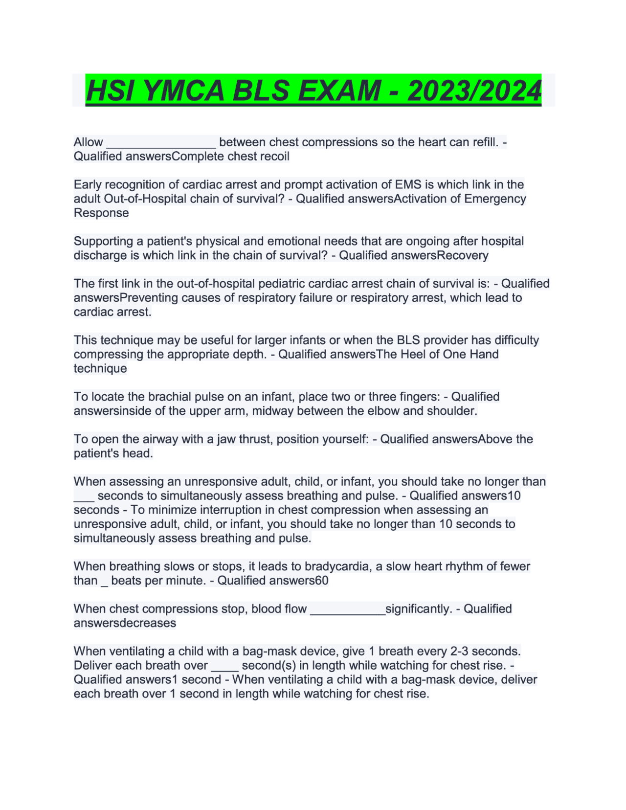 YMCA BLS FINAL EXAM PREP 2025 2026 COMPLETE QUESTIONS WITH CORRECT ...