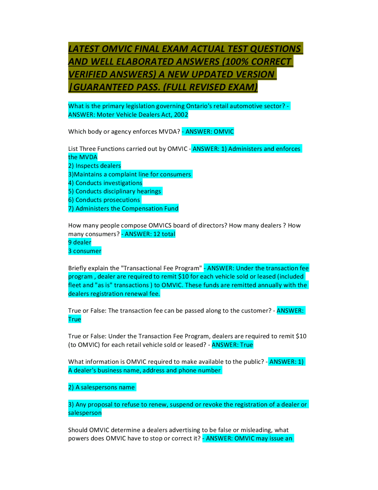 OMVIC FINAL EXAM PREP 2025 2026 COMPLETE QUESTIONS WITH CORRECT ...