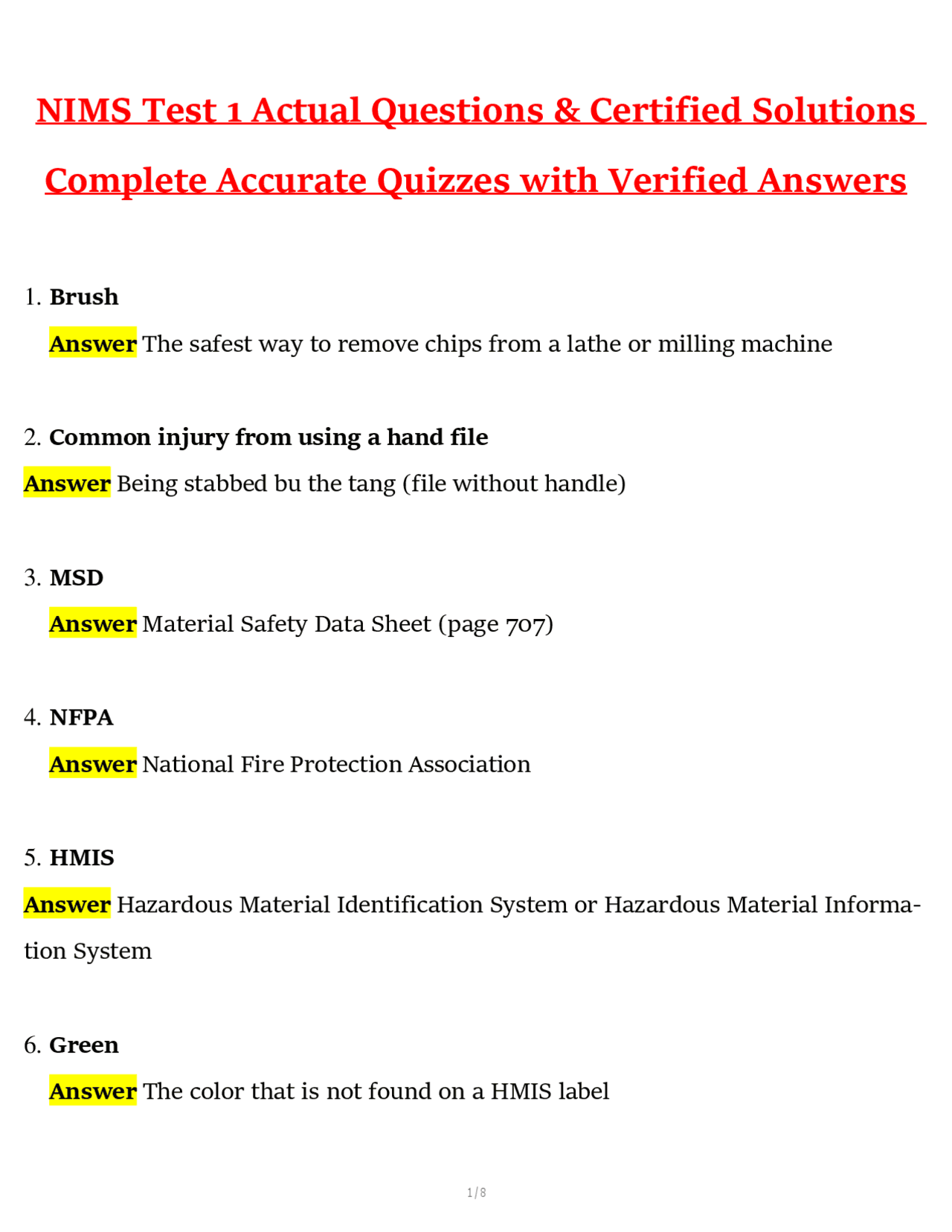 NIMS Test #1 (Latest 2025 / 2026 Update) Questions & Correct Answers ...