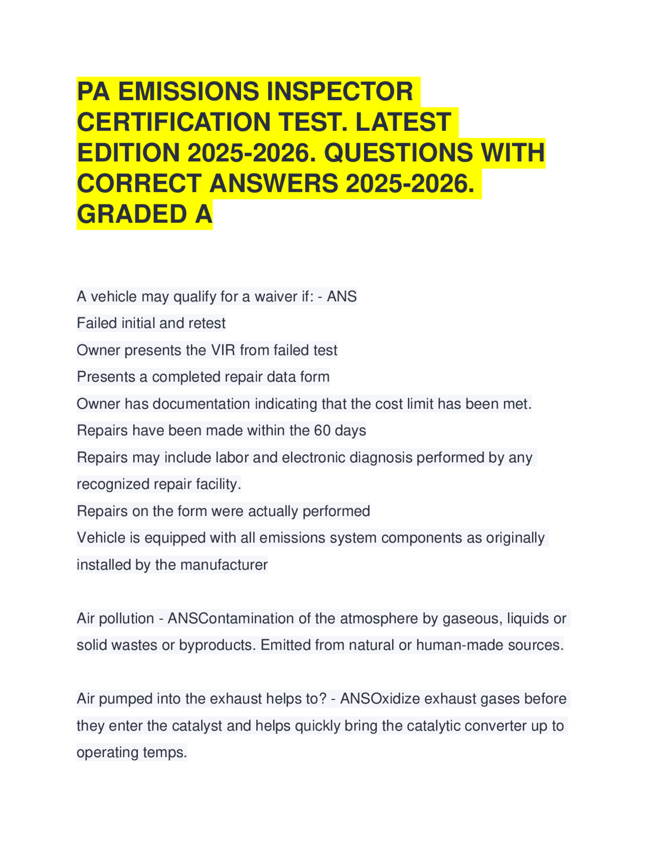 PA EMISSIONS INSPECTOR CERTIFICATION TEST. LATEST 2025-2026. QUESTIONS ...