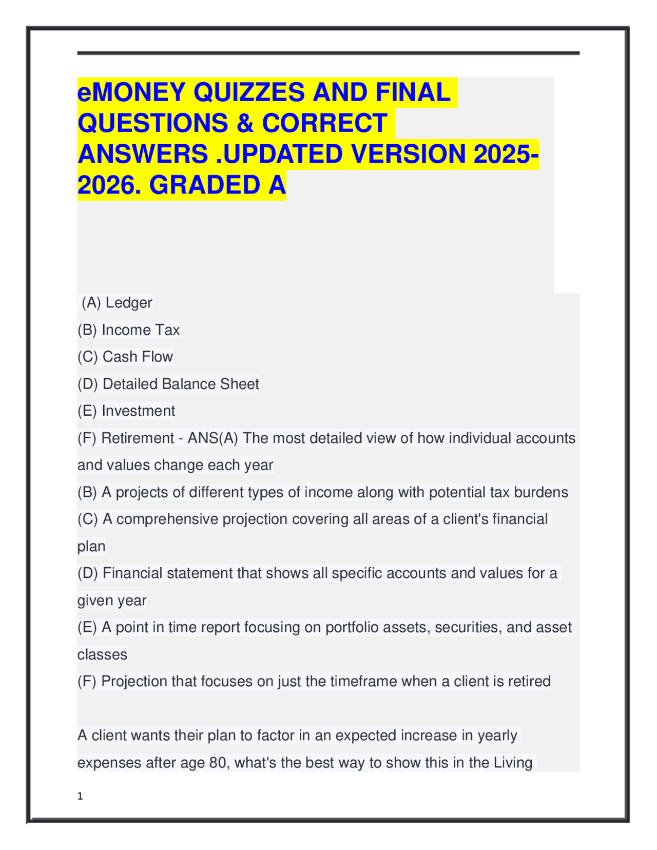 eMONEY QUIZZES AND FINAL QUESTIONS & CORRECT ANSWERS .UPDATED VERSION ...