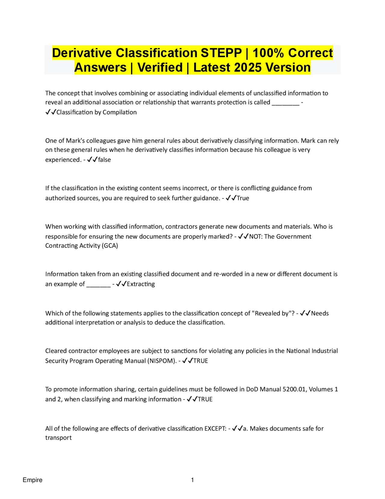 Derivative Classification STEPP (2025/2026) | Verified | Exam‑Ready ...