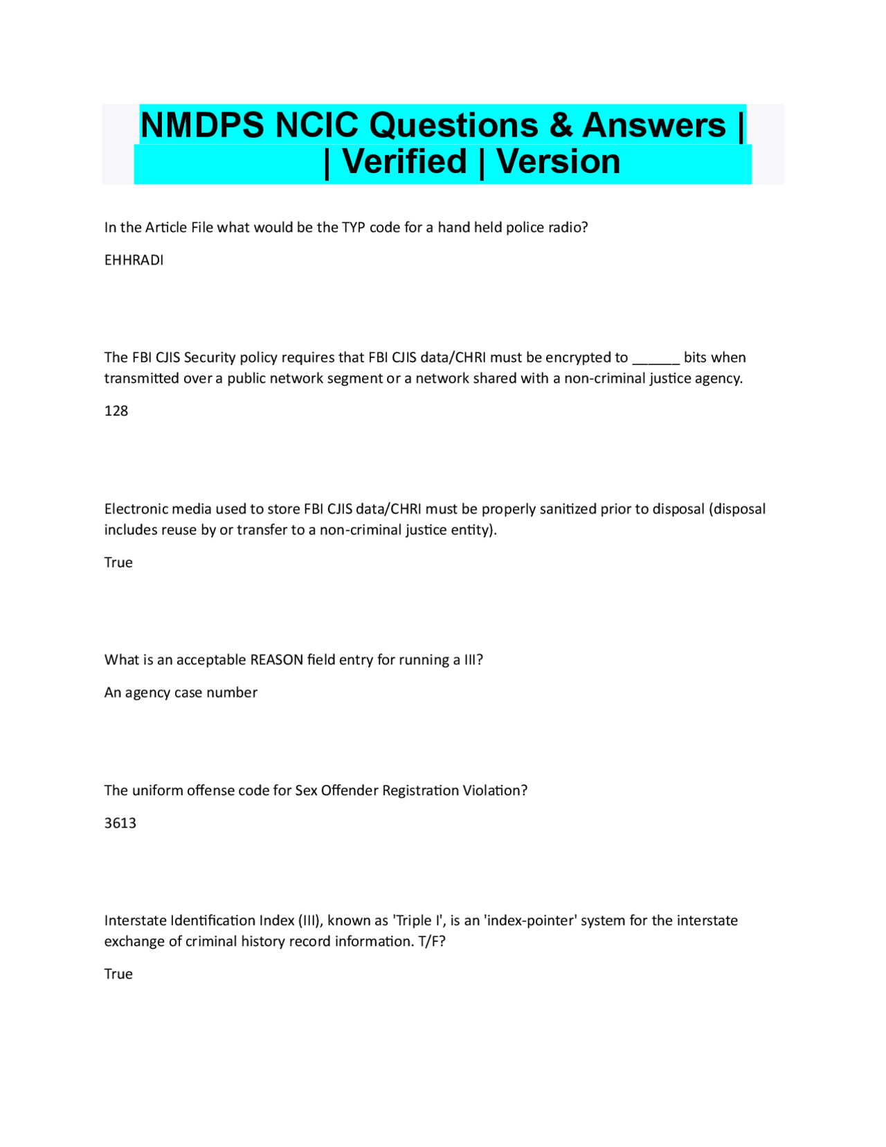 NMDPS NCIC Exam Prep – Verified Q&A on CJIS Security, Article Codes ...