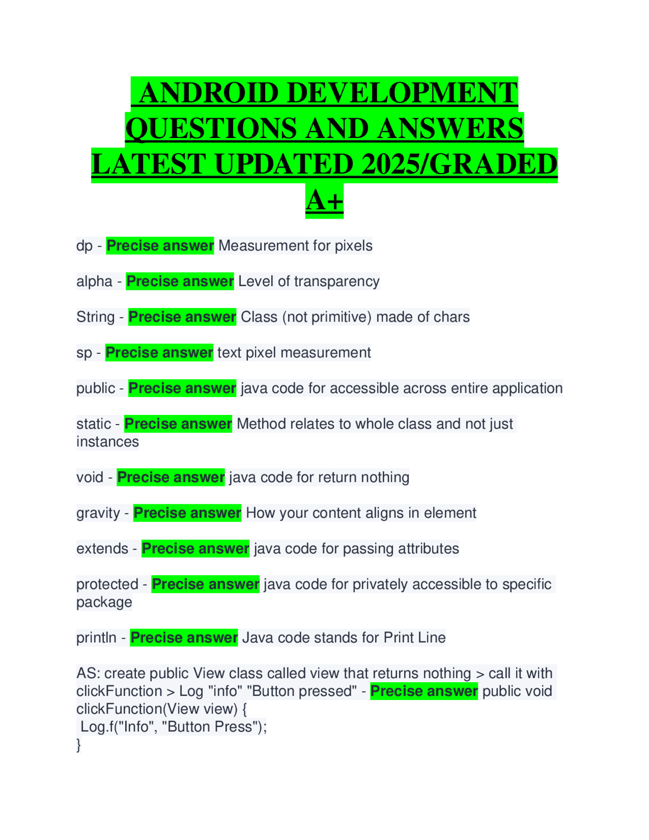 ANDROID DEVELOPMENT QUESTIONS AND ANSWERS LATEST UPDATED 2025/GRADED A+ ...