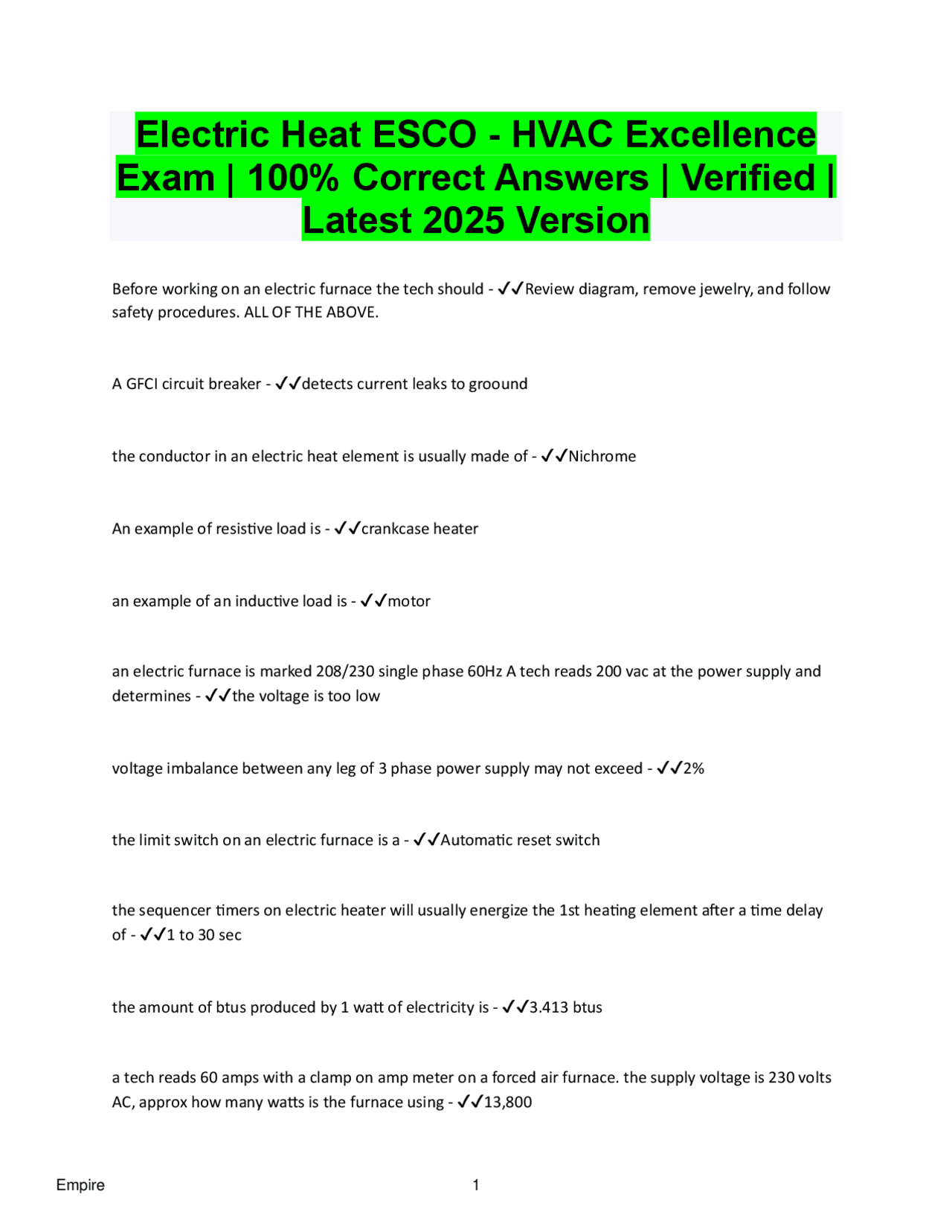 Electric Heat ESCO Exam (2025/2026) | Verified | Exam-Ready File ...