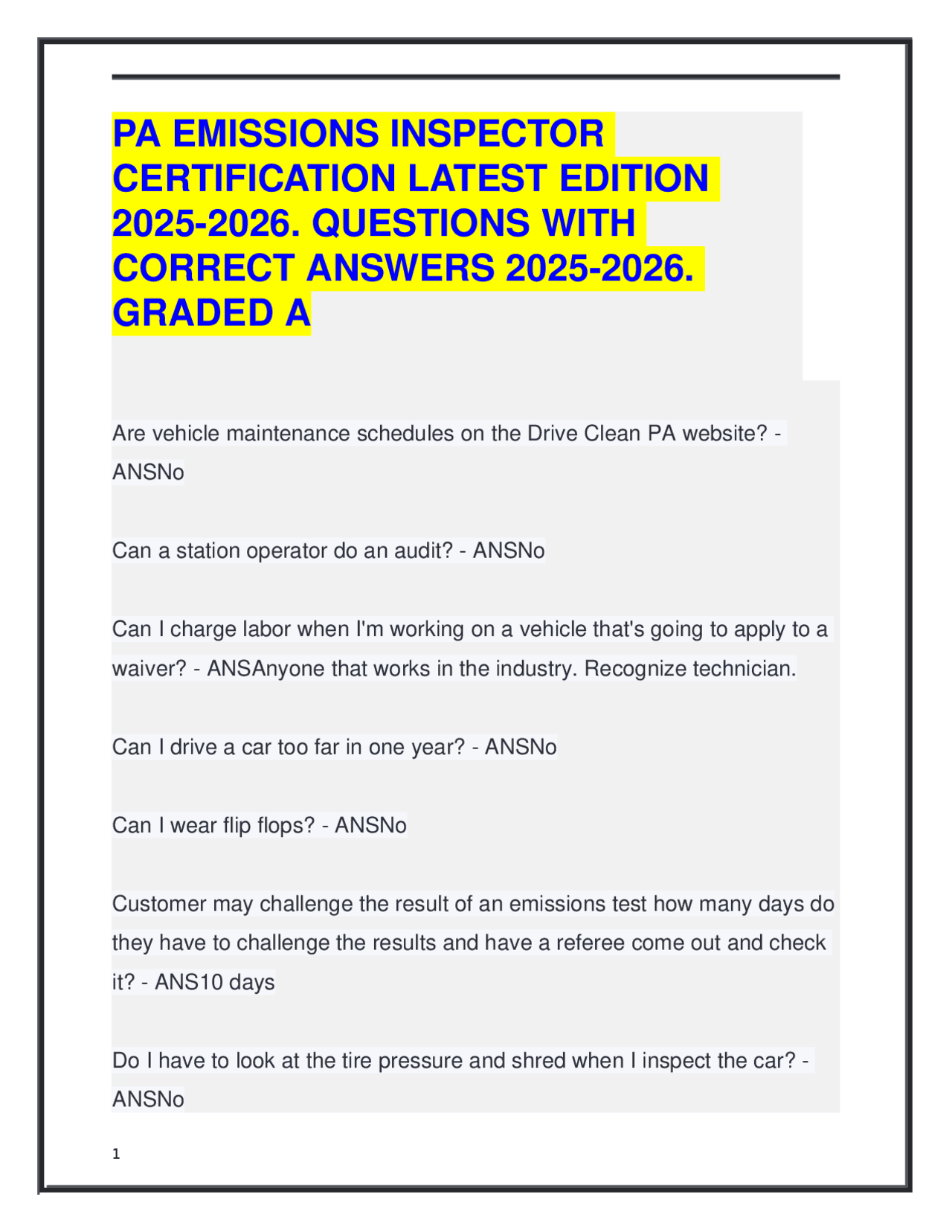 PA EMISSIONS INSPECTOR CERTIFICATION LATEST EDITION 2025-2026 ...