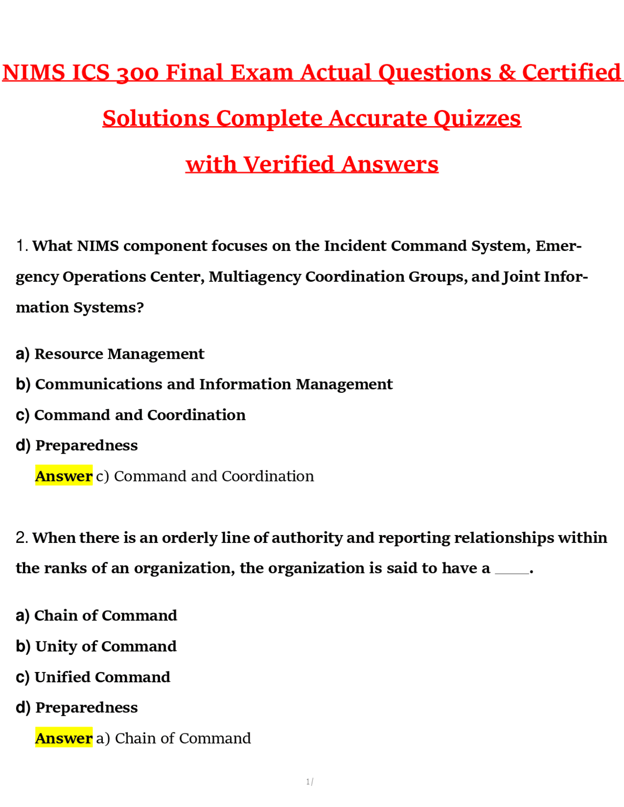 NIMS ICS-300 Final Exam (Latest 2025 / 2026 Update) Questions & Correct ...