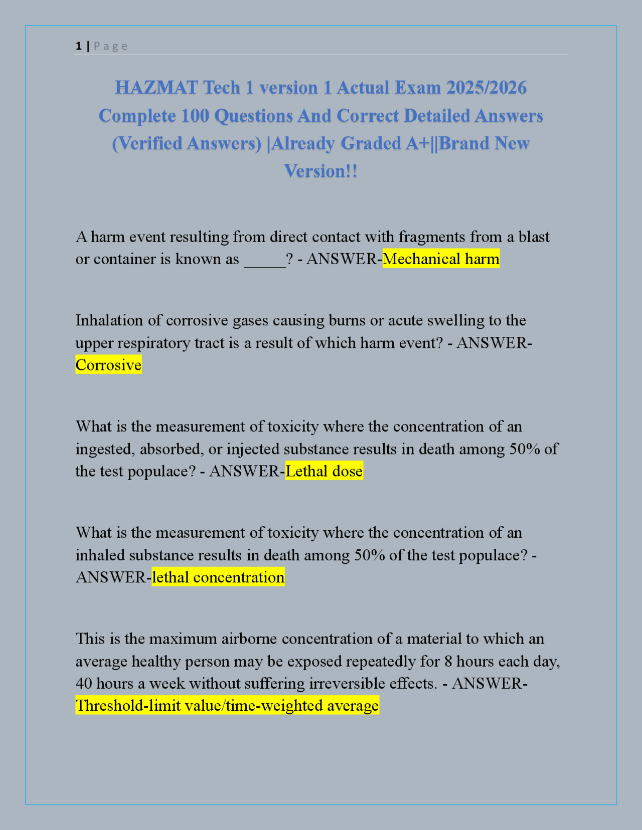 HAZMAT Technician Exam Questions and Answers | Exams Nursing | Docsity