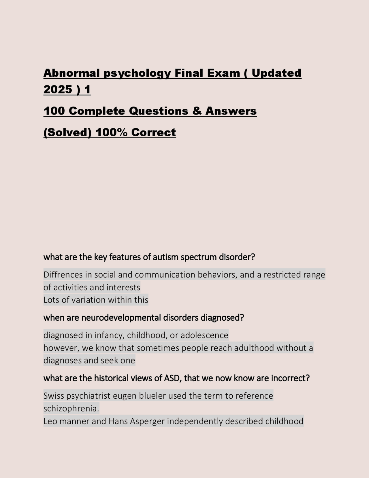 Abnormal psychology Final Exam ( Updated 2025 ) 1 100 Complete ...