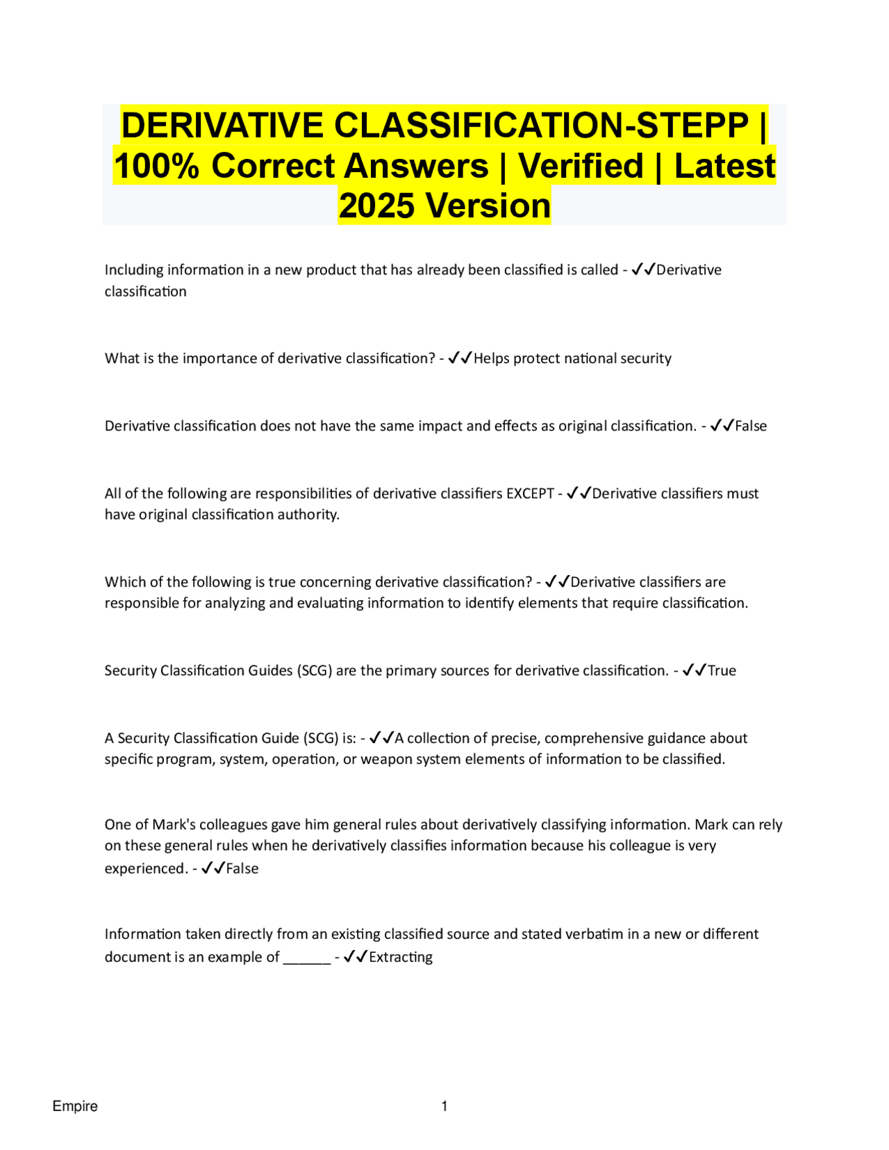 DERIVATIVE CLASSIFICATION-STEPP (2025/2026) | Verified | Exam‑Ready ...