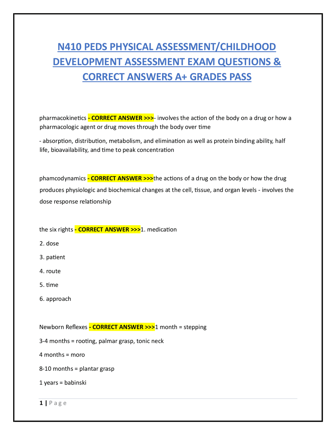 N410 PEDS PHYSICAL ASSESSMENT/CHILDHOOD DEVELOPMENT ASSESSMENT EXAM ...