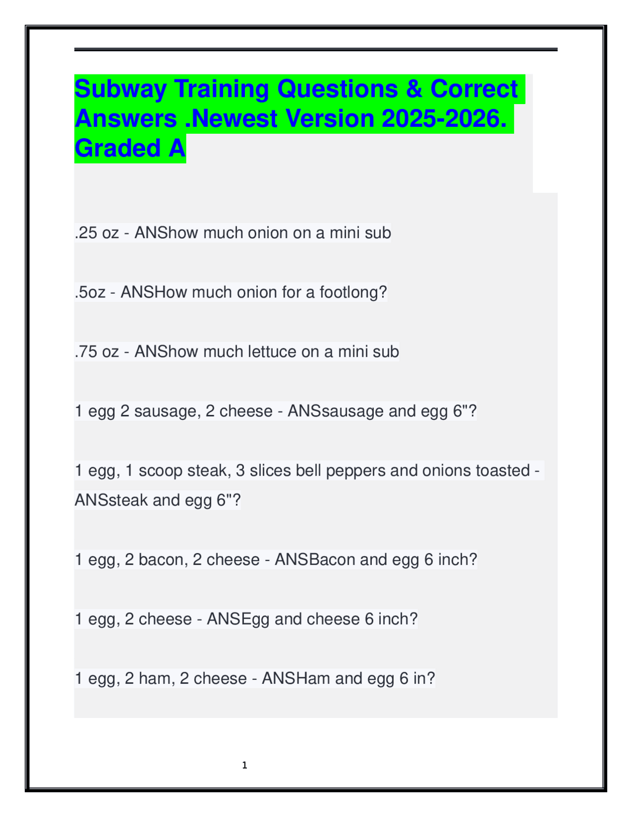 Subway Sandwich Artist Training: Questions and Answers | Exams Culinary ...