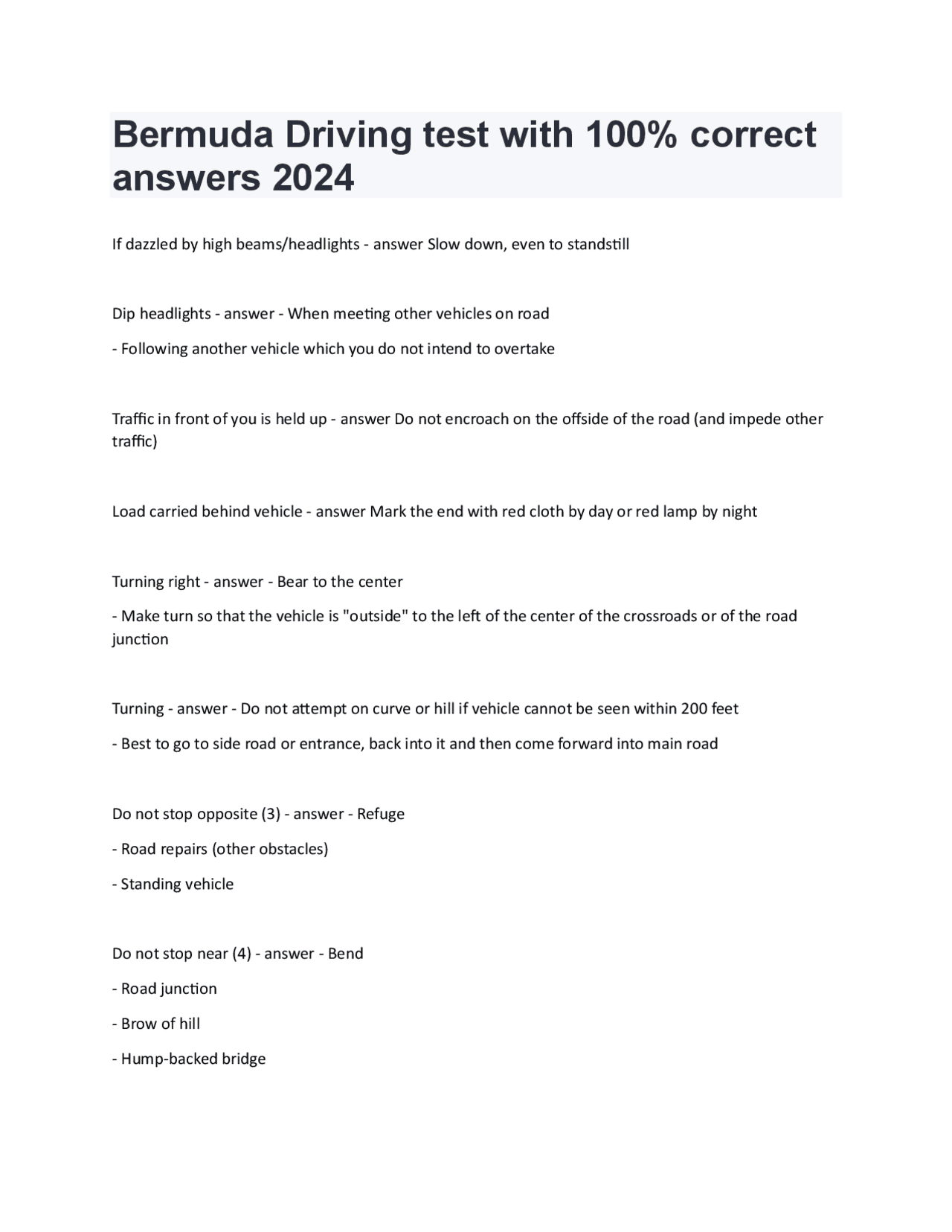 Bermuda Driving FINAL EXAM PREP 2025 2026 COMPLETE QUESTIONS WITH ...