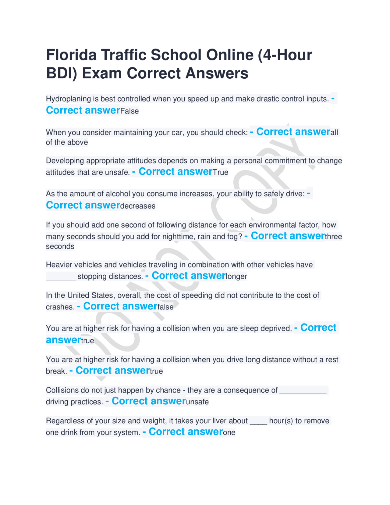 Florida Traffic School Exam: Safe Driving Q&A | Exams Nursing | Docsity