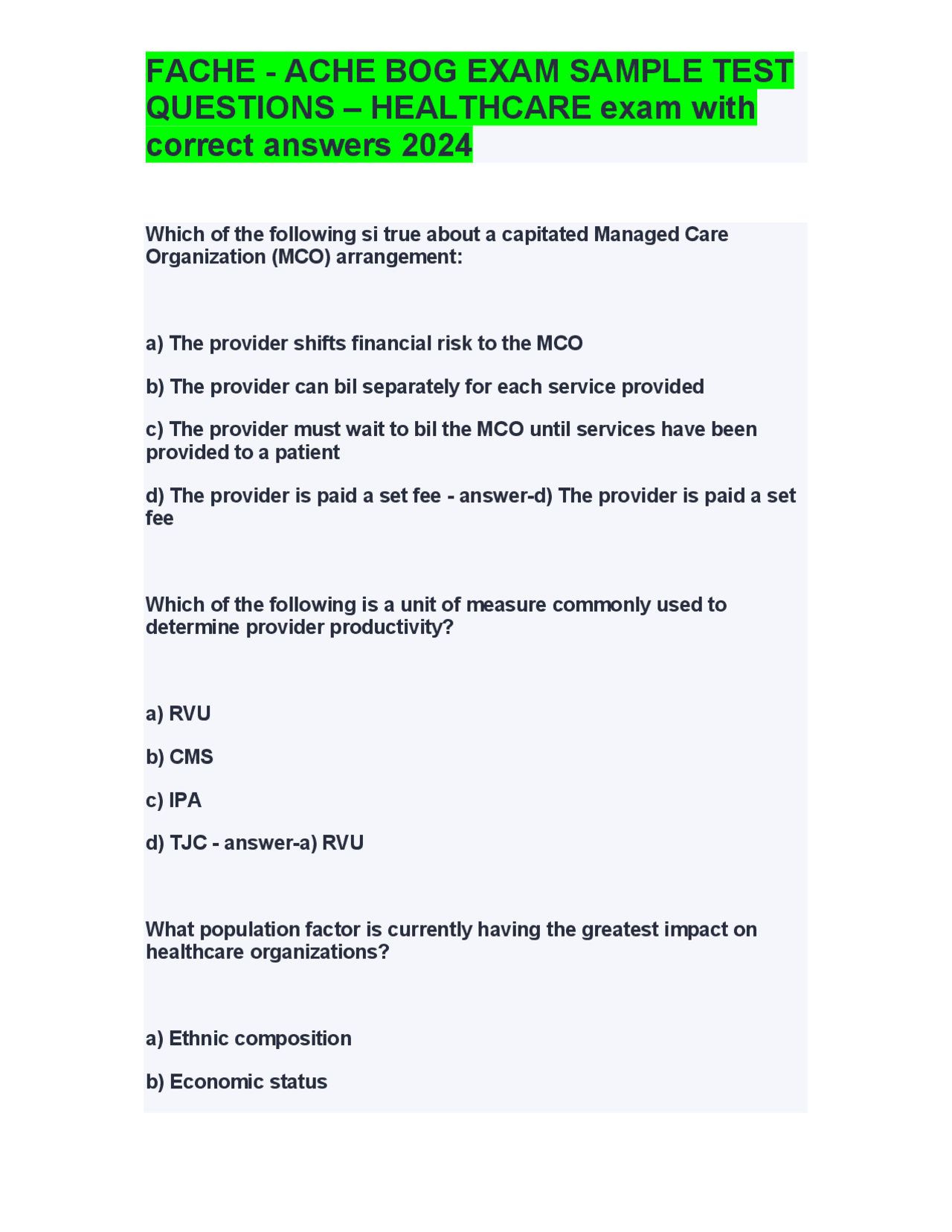 FACHE – BOG FINAL EXAM STUDY GUIDE 2025 2026 ACCURATE QUESTIONS AND ...