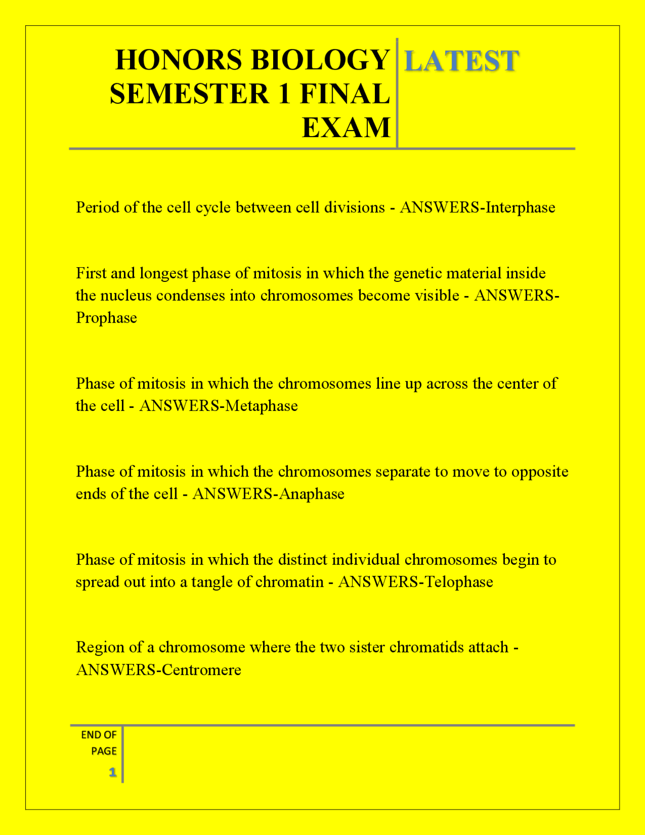 Honors Biology Semester 1 Final Exam Review: Cell Division and Genetics ...