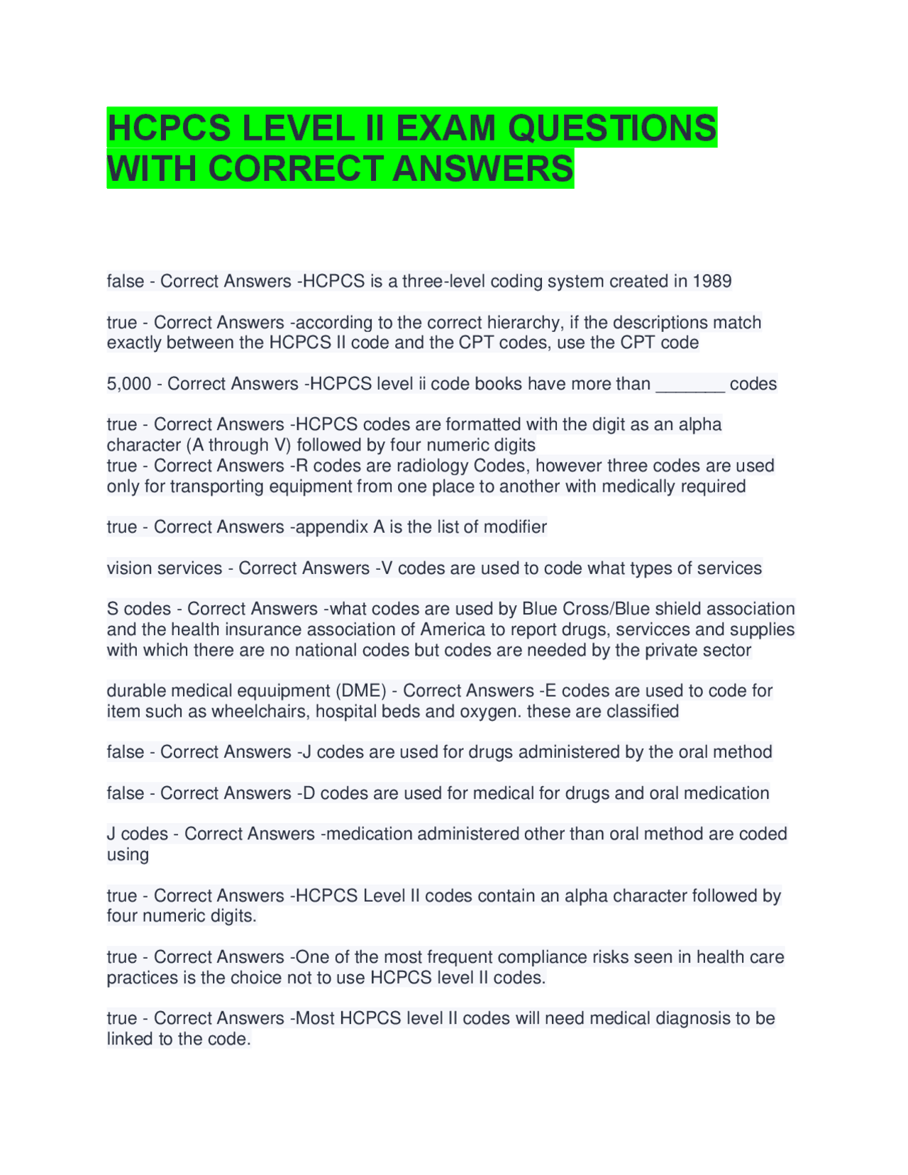 HCPCS LEVEL II EXAM QUESTIONS WITH CORRECT ANSWERS | Exams Advanced ...