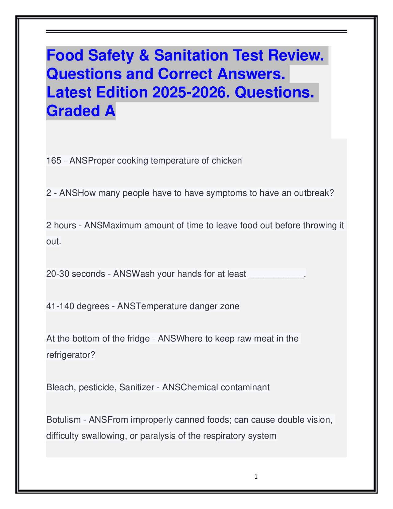 Food Safety & Sanitation Test Review. Questions & Correct Answers ...