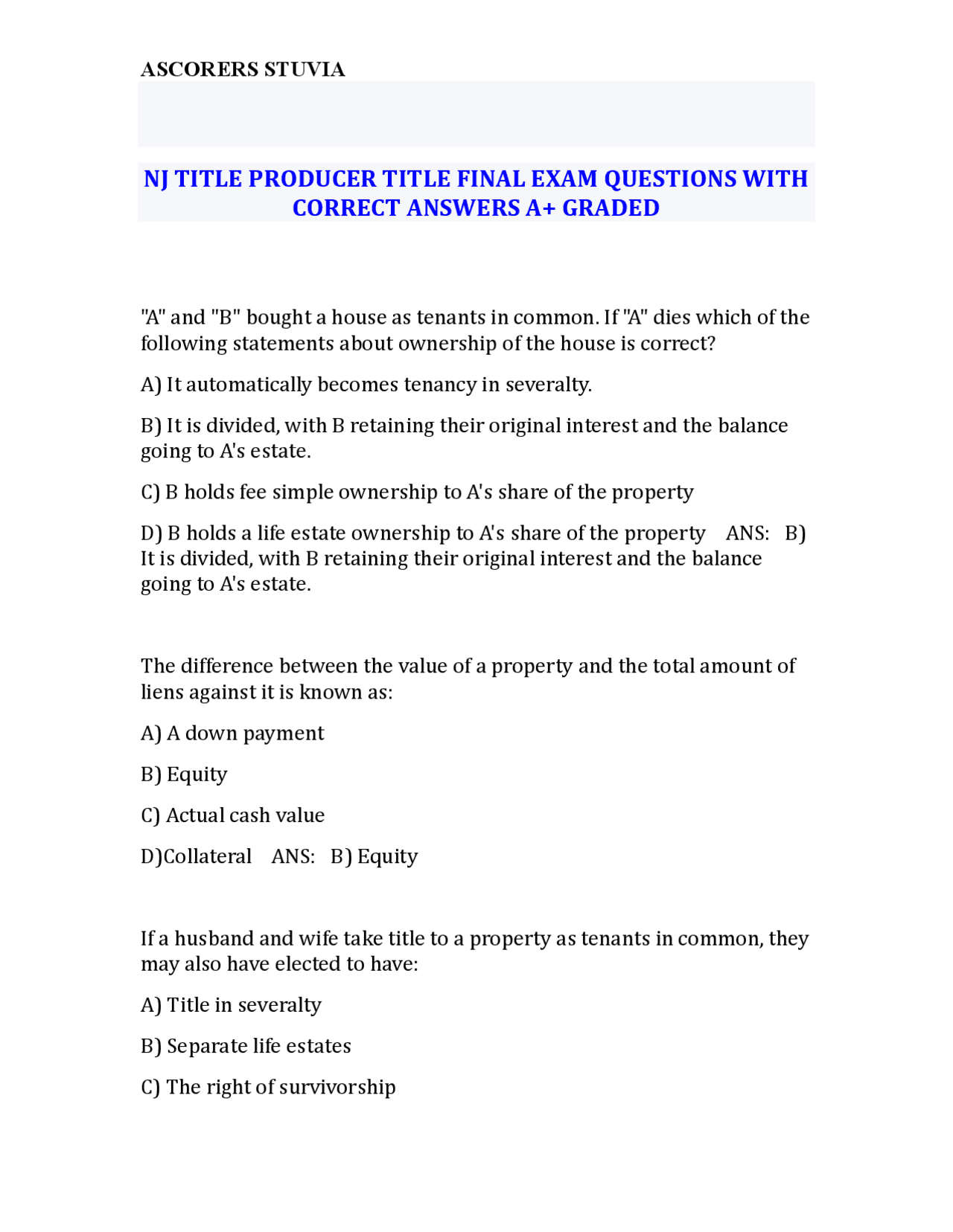 NJ TITLE PRODUCER FINAL EXAM STUDY GUIDE 2025 2026 ACCURATE QUESTIONS ...