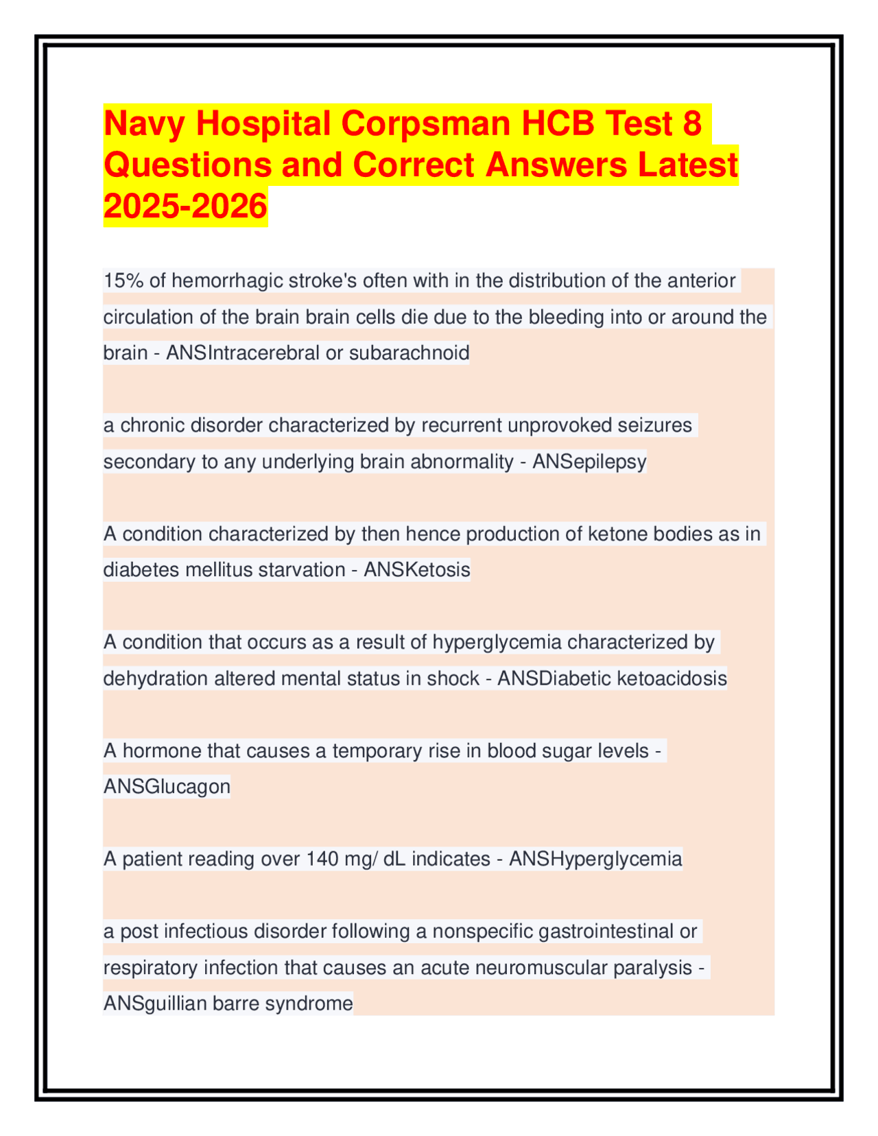 Navy Hospital Corpsman HCB Test 8 Questions & Answers 2025-2026 | Exams ...