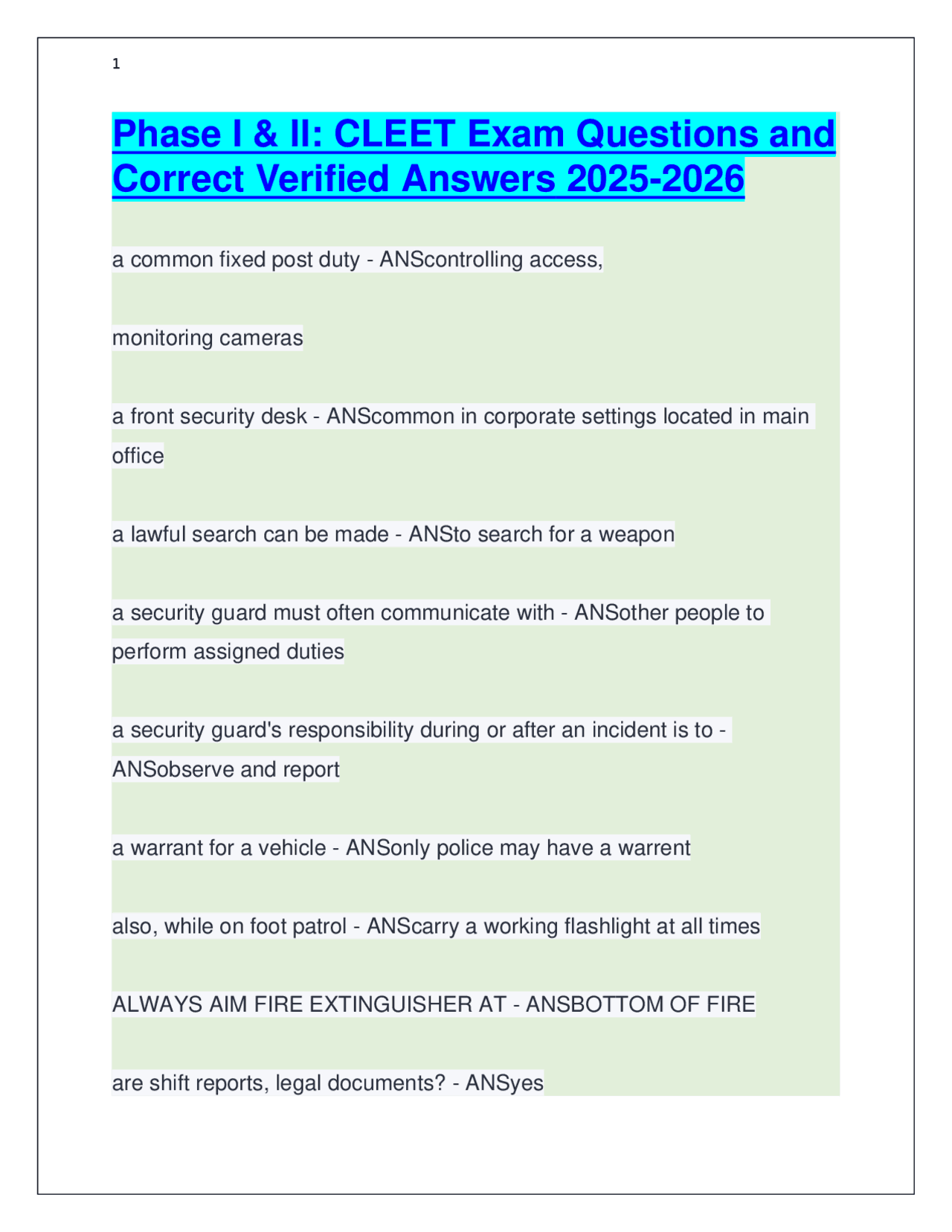 CLEET Security Guard Exam Q&A: 2025-2026 Verified Answers | Exams Law ...
