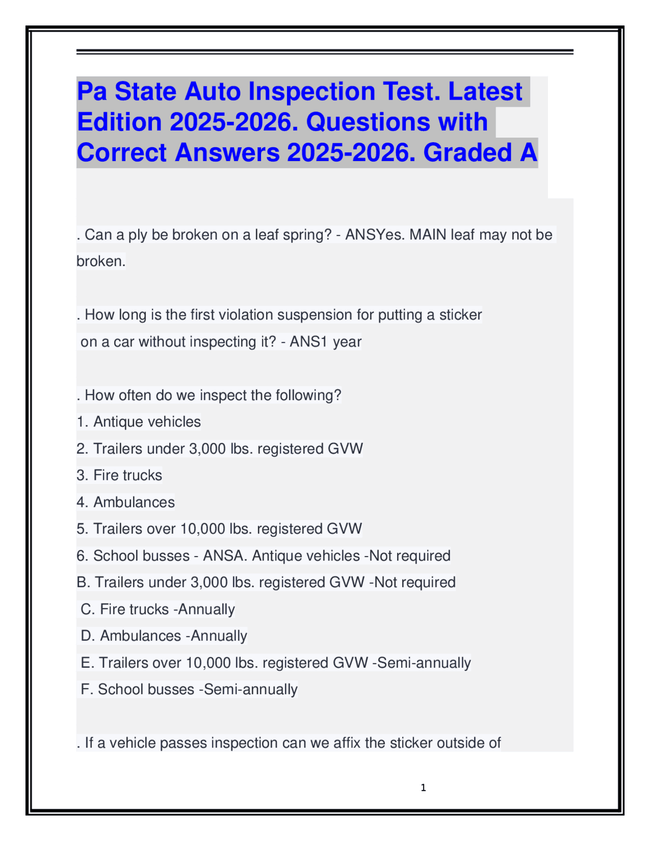 Pa State Auto Inspection Test. Latest Edition 2025-2026. Questions ...
