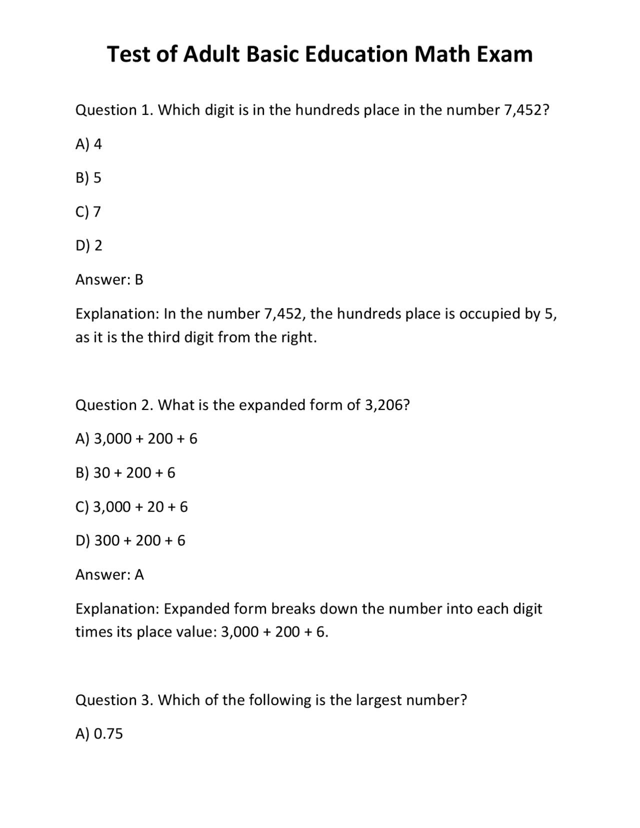 Test of Adult Basic Education Math Exam | Exams Technology | Docsity