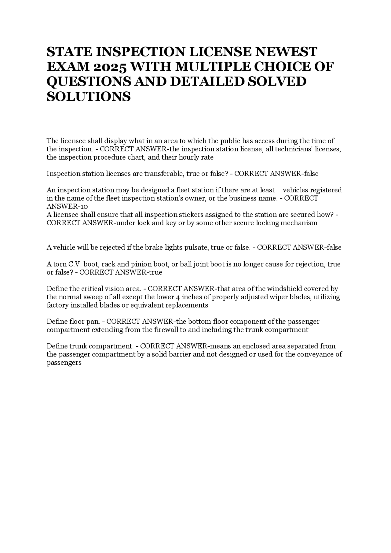 STATE INSPECTION LICENSE NEWEST EXAM 2025 WITH MULTIPLE CHOICE OF ...