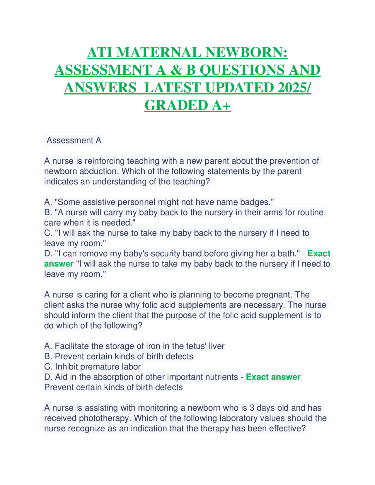 ATI MATERNAL NEWBORN: ASSESSMENT A & B QUESTIONS AND ANSWERS LATEST ...