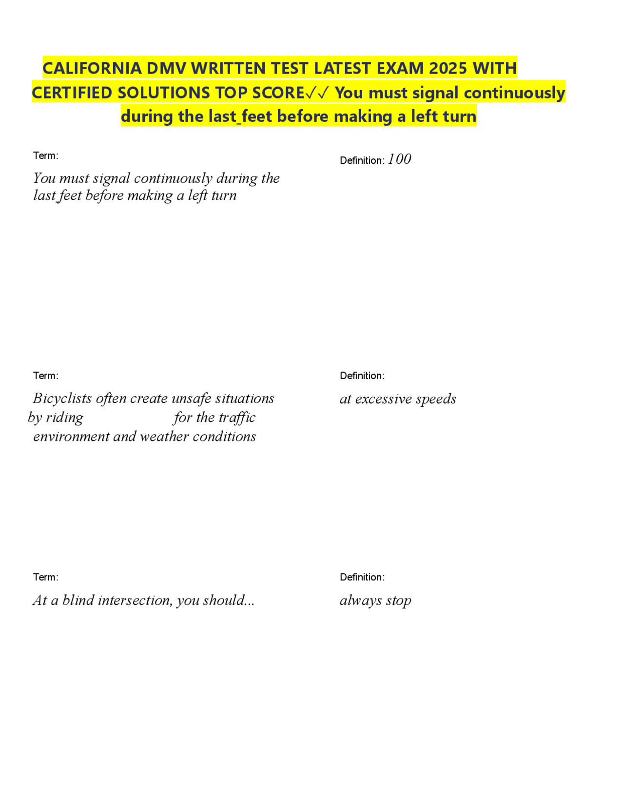 CALIFORNIA DMV WRITTEN TEST LATEST EXAM 2025 WITH CERTIFIED SOLUTIONS ...